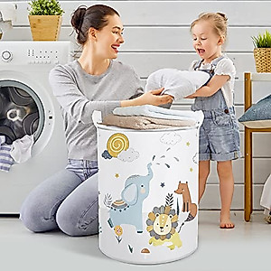Clastyle 45L Cartoon Animals Elephant Fox White Kids Laundry Hamper Lion Clouds Round Toy Clothes Storage Basket for Children Room, 14.2x17.7 in
