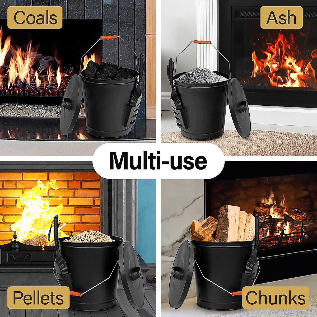 ZENY Fireplace Ash Bucket with Shovel and Lid, Large Size 5 Gallon Coal Bucket Hot Ashes Container Carrier for Fireplace Firepit Wood Stove, Fireplace Tools