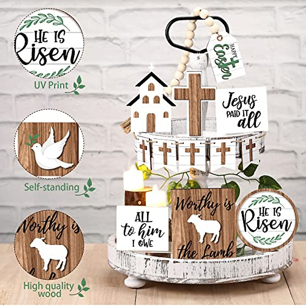 15 Pcs Easter Tiered Tray Decor Set, Table Top Decor Farmhouse Wooden Block Signs Wood Cross Decor with LED String Lights for Easter Home Kitchen Decorations