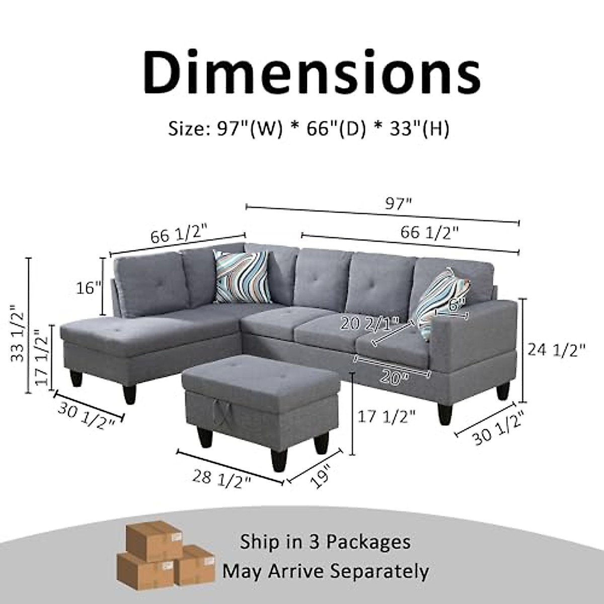LostCat Sectional Sofa with Chaise, 97" W Modular Sectional Sofa, Modular Couch with Storage Ottoman, L Shaped Sofas & Couches, Linen U Shaped Sectional Couches for Living Room Furniture Sets, Grey