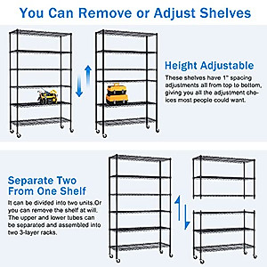 XXkseh Wire Shelving Unit with Wheels, 6 Tier Adjustable Metal Shelving Heavy Duty Storage Shelves 2100 Lbs Capacity 48" L X 18" W X 82" H Metal Shelf for Pantry Kitchen Basement, Black