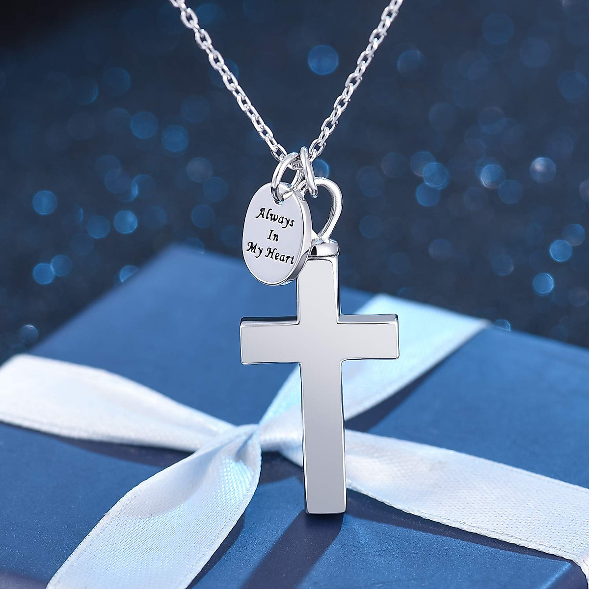 BEILIN S925 Sterling Silver Cross Urn Necklace for Women Men - Keepsake Memorial Cross Cremation Jewelry for Ashes(Always in my heart)