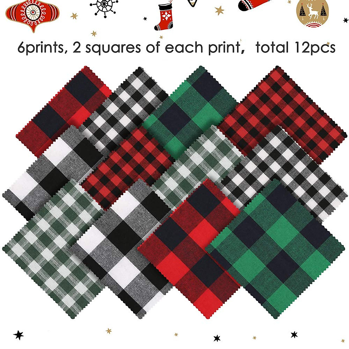 Caydo 12 Pieces Christmas Ornament Kit Including 4 Inch Embroidery Hoops and Plaid Fabric Christmas Fabric Squares for Christmas Decoration