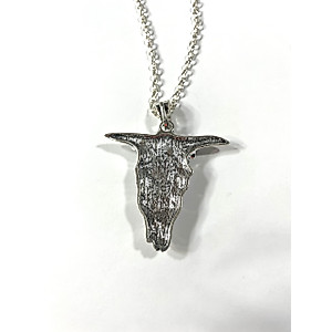 Silver Plated Longhorn Bull Skull Buffalo 2" Pendant, Faux Turquoise Cabochon Gift Boxed