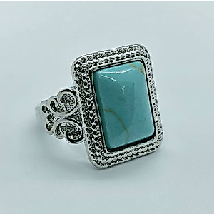 LVSHI 925 Sterling Silver Boho Chic Square Turquoise Ring Fashion Rings&Vintage Women Faux Square Turquoise Carved Flower Finger Ring Jewelry US Size 6-10 (Size 9) (C6)