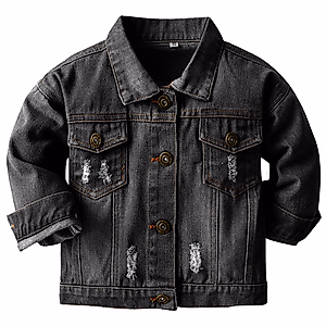 Cromoncent Boys Girls Child Casual Denim Jacket Kids Toddler Button Down Coat，Denim Black 5-6Y