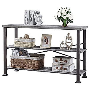 Hombazaar 3 Tier Console Sofa Table, Industrial Rustic Entryway Table with Storage Shelf for Living Room, Hallway, Grey Oak Finish, 47-Inch Long