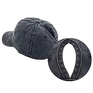 Eohak Ponytail Baseball Hat Distressed Retro Washed Womens Twill Black