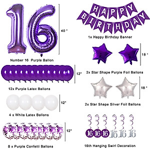 Sweet 16 Birthday Decorations, Purple 16th Birthday Party Decorations for Girls Boys Teenager, HAPPY BIRTHDAY Banner Bolloons Silver Number 16 Balloons for Him & Her 16 Years Old Birthday Party
