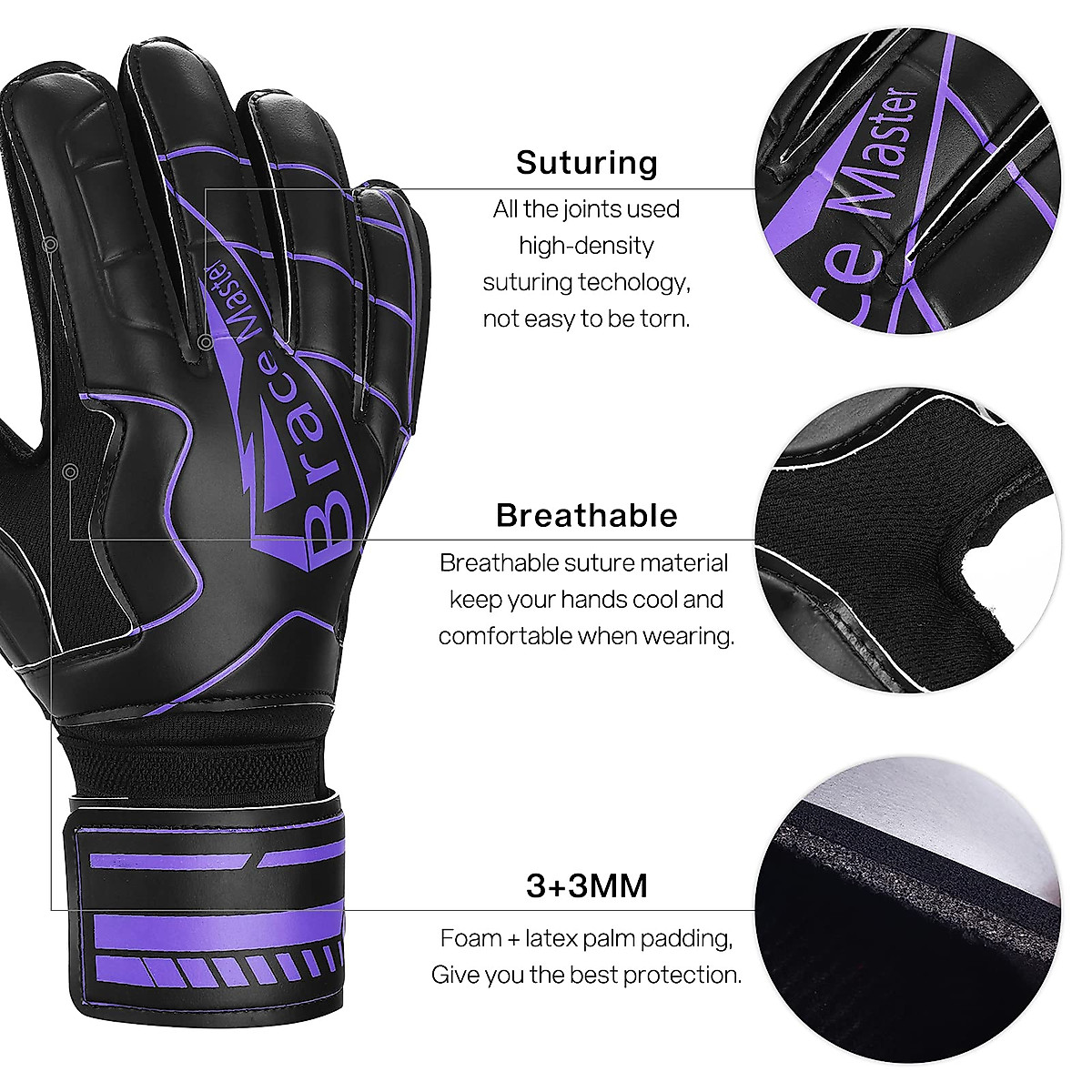Goalie Gloves for Youth & Adult, Goalkeeper Gloves Kids with Finger Support, Black Latex Soccer Gloves for Men and Women, Junior Keeper Football Gloves for Training and Match
