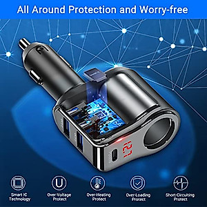 200W PD USB C Car Charger Adapter: 12V Cigarette Lighter Socket Splitter 12 Volt DC Plug Multi Way Auto Power Outlet with LED Voltmeter Switch Dual Type C Port for iPhone Samsung Phone GPS Dash Cam