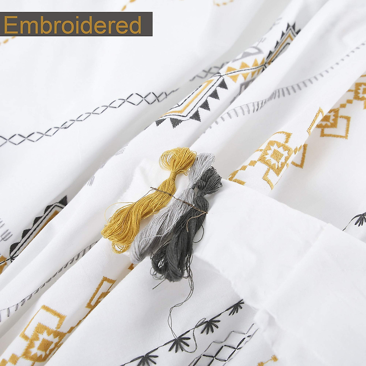 YINFUNG Boho Duvet Cover Set White Queen Moroccan Stripe Aztec Geometric Yellow Grey Ethic Tribal Bohemian Vibrant Textured 90x90 Cotton Bedding Set Embroidered Zip Embroidered 3 Pieces