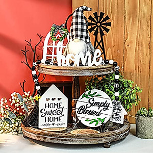 10 Pieces Farmhouse Decor for Tiered Tray, Black White Buffalo Plaid Wooden Mini Sign Rustic Ornaments with String Lights for Kitchen Table Decoration, Housewarming Gift(Gnome Style)