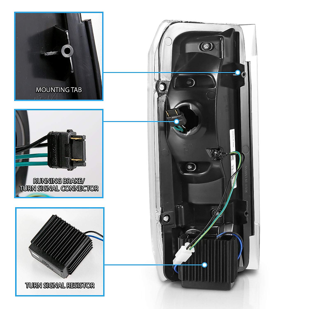 AmeriLite Truck 3D C-Type Halogen, Led, Tube Replacement Tail Light Set For 1989-1996 Ford F150 Bronco F250 F350- Passenger and Driver Side, Vehicle Light Assembly, Black