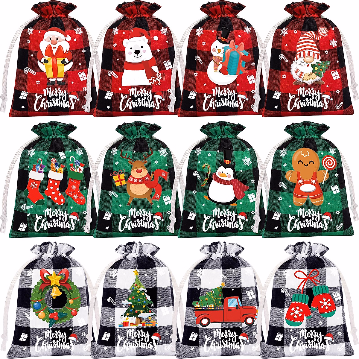 72Pcs Burlap Christmas Drawstring Bags Buffalo Plaid Xmas Gift Bags Burlap Xmas Candy Bags Small Christmas Linen Treat Bags Goody Gift Bags Sacks Reusable Gift Wrapping Bags Holiday Party Favors Bags