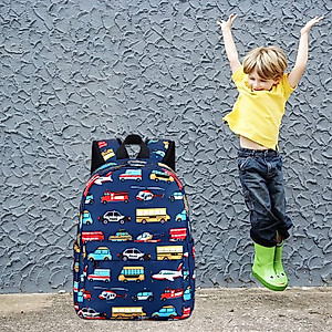 LEDAOU Toddler Kids Backpack for Boys Car Pattern Preschool Kindergarten School Backpack Bookbag School Bag with Chest Strap (Car Airplane)