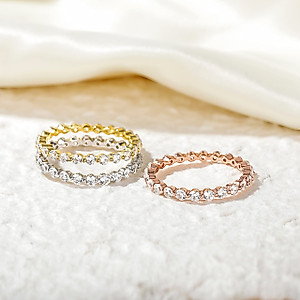 EAMTI 2mm 925 Sterling Silver Wedding Band Round Cubic Zirconia Full Eternity Stackable Engagement Ring for Women Size 6