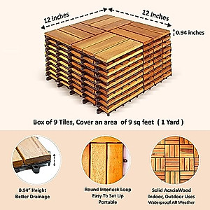 Cloverholm 10 Pcs Acacia Wood Deck Tiles - Waterproof, 12' x 12', Patio Tiles for Indoor & Outdoor, Garden, Roof Terrace - Checker Pattern (Natural-12S-9P)