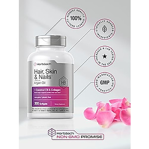 Horbäach Hair Skin and Nails Vitamins | 300 Softgels | with Biotin and Collagen | Infused with Argan Oil and Coconut Oil | Non-GMO, Gluten Free Supplement