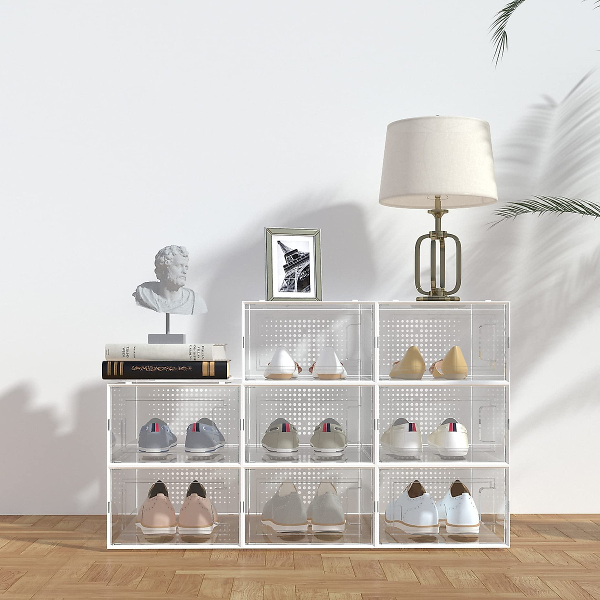 WAYTRIM Clear Shoe Storage Box, Stackable Shoe Organizer Plastic Shoe Container with Lids Foldable Sneaker Storage Boxes Saving Space Shoe Organizer for Closet Fit to Women Size 10, White