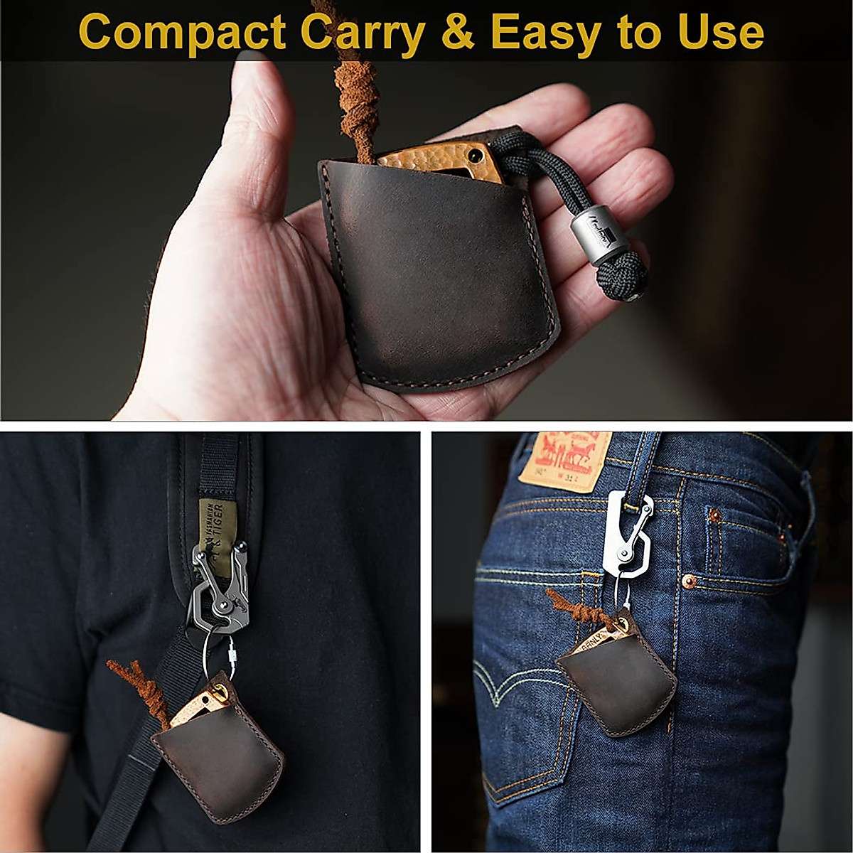 VIPERADE PJ27 Leather Sheath for EDC Knuckle, EDC Coins Sheath for Men, Small EDC Leather Sheath for Lighter, Car key, Carabiner, Mini EDC Gears (Brown)