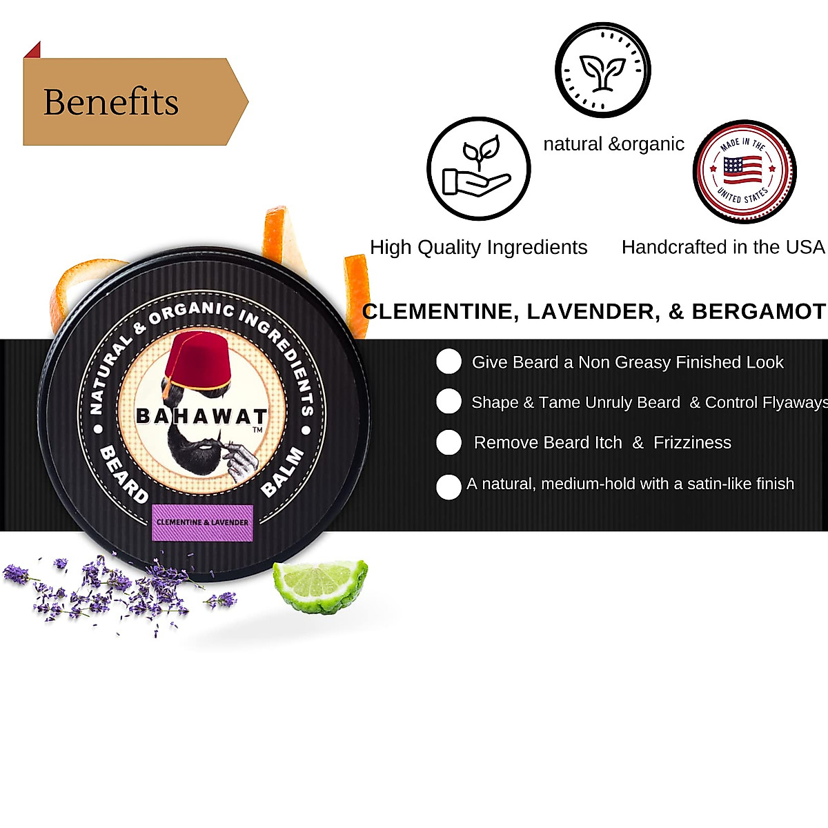 BAHAWAT Clementine & Lavender Beard Conditioner - Styles, Strengthens & Softens - Natural & Organic Formula - ZERO GRIT - Reduces Itch, 2 ounce