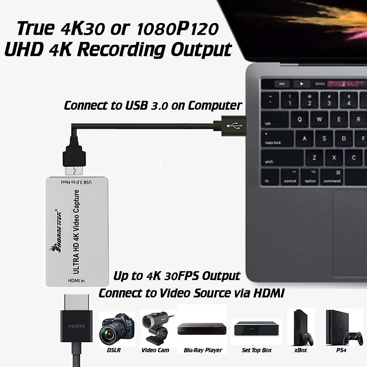 HornetTek True 4K UHD Game Recorder True 4K Recording Input & Output USB 3.0 Video Capture Device Zoom Compatible