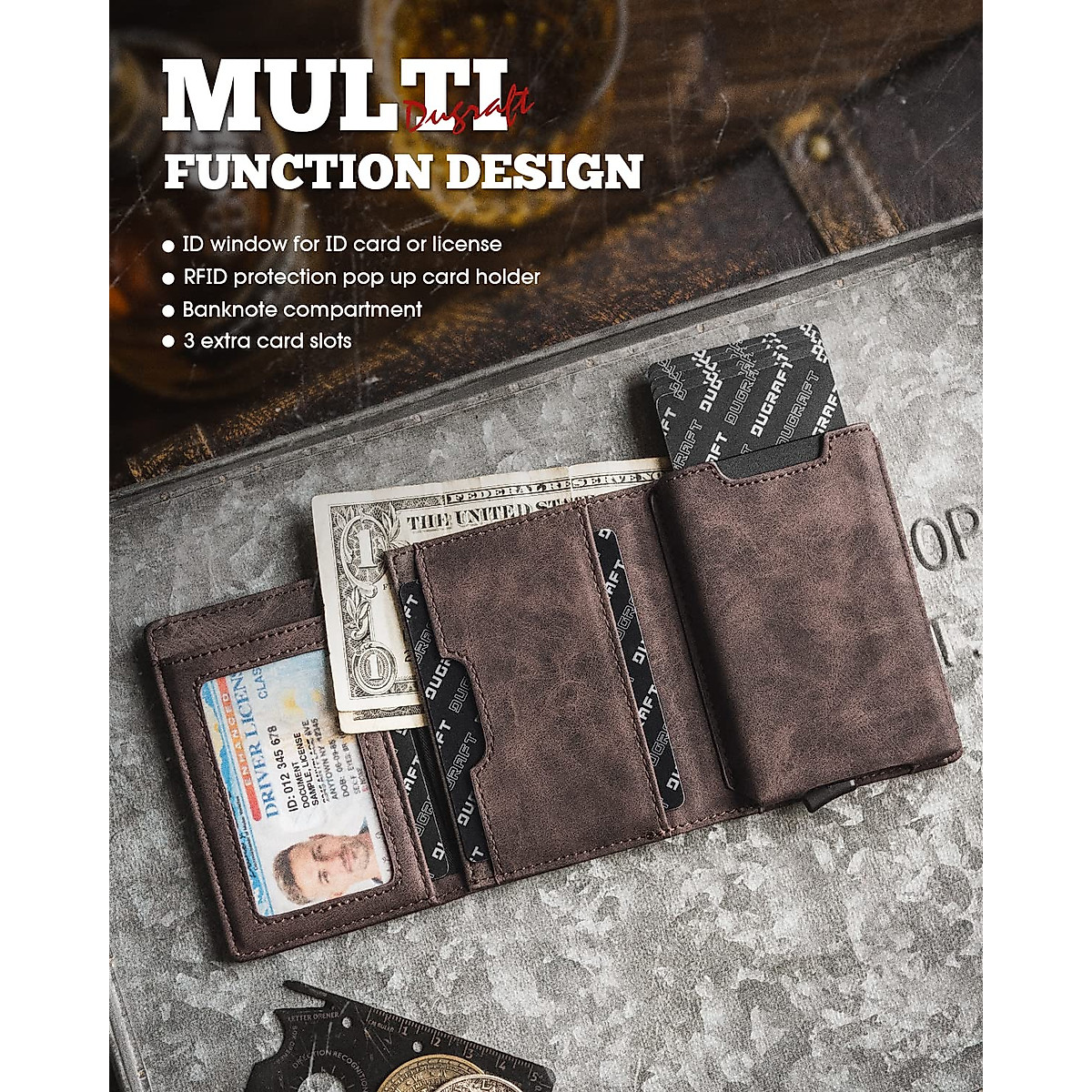 DUGRAFT Card Holder Wallet with ID Window, Leather Mens RFID Blocking Minimalist Pop-Up Wallet Aluminum Metal Credit Card Case with Banknote Compartment