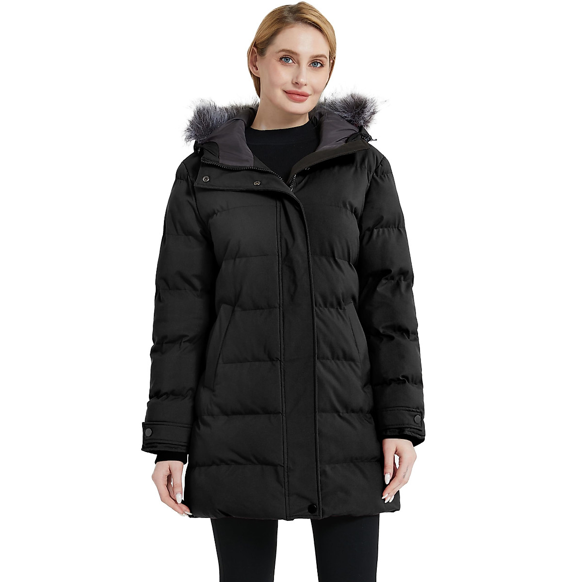 wantdo Women's Fur Hooded Winter Coat Warm Thicken Puffer Coat Black XL