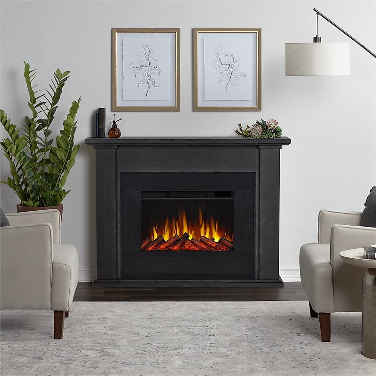 BOWERY HILL 52" Slim Solid Wood and Glass Electric Fireplace in Gray Finish