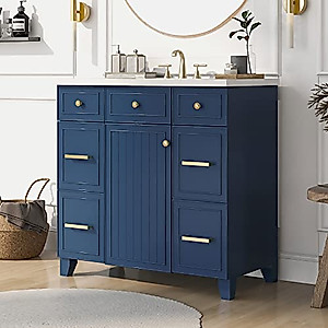 Merax 36" Bathroom Vanity Cabinet with Sink Top Combo Set, Single Sink, Shaker Cabinet with Soft Closing Door and Drawer, Navy Blue