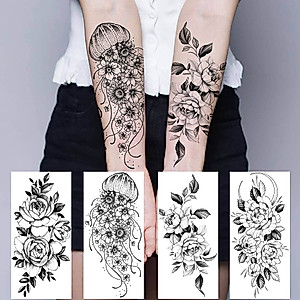 Bilizar 64 Sheets Long Lasting Flower Temporary Fake Tattoos For Women Arm Neck, Jellyfish Sunflower Moon Rose For Adults Girl, 3D Temp Realistic Snake Tatoo Stickers Serpent Peony Floral Kids