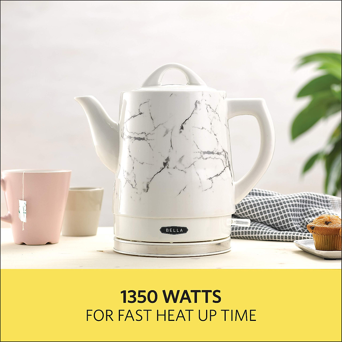 BELLA 1.5 Liter Electric Ceramic Tea Kettle with Boil Dry Protection & Detachable Swivel Base, White Marble, Model 14743