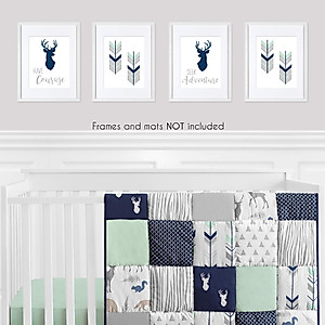 Sweet Jojo Designs Navy Blue, Mint and Grey Woodland Deer Wall Art Prints Room Decor for Baby, Nursery, and Kids for Woodsy Collection - Set of 4 - Seek Adventure Have Courage