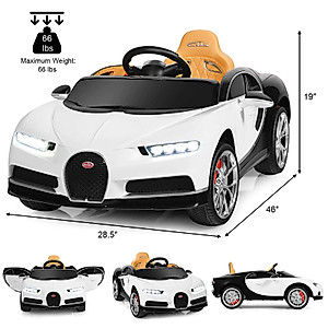 Costzon Ride on Car, Licensed Bugatti 12V Battery Powered Car w/ 2.4G Remote Control, Music, LED Lights, Horn, High/Low Speed, MP3/USB/TF, Spring Suspension, Electric Vehicle for Boys Girls (White)