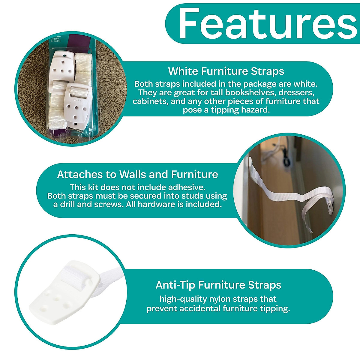 KidCo Anti-Tip Furniture Straps - Anti Tip Safety Straps, TV & Furniture Straps for Child Safety, Two Pack, White