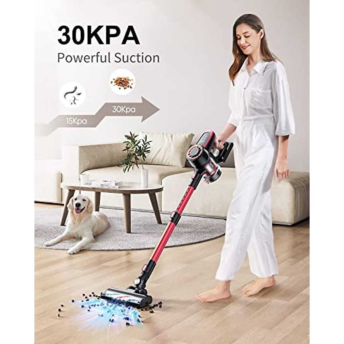 WLUPEL Cordless Vacuum Cleaner, 250W Stick Vacuum Cleaner with 30KPA Powerful Suction, Lightweight Handheld Vacuum LED Display for Carpet and Floor, Pet Hair (Hero 8-Red)