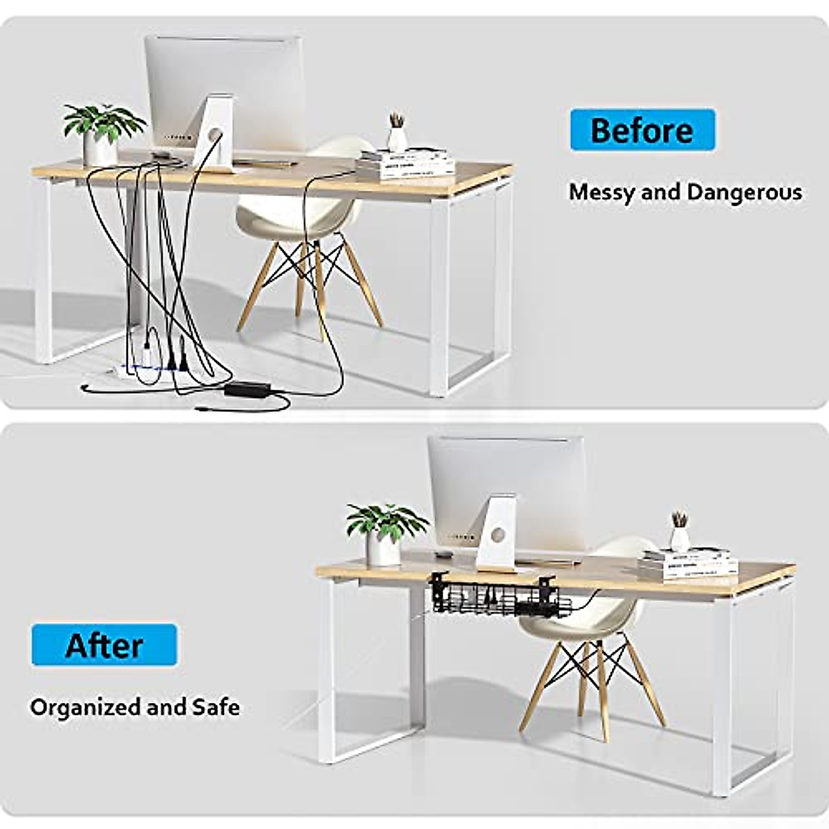 2 Packs Large Under Desk Cable Management Tray - Yecaye Clamps Install No Drill to Desk Cable Rack - No Damage to Tables - Desk Cord Organizer - Sturdy Metal Cable Management Tray for Office Home