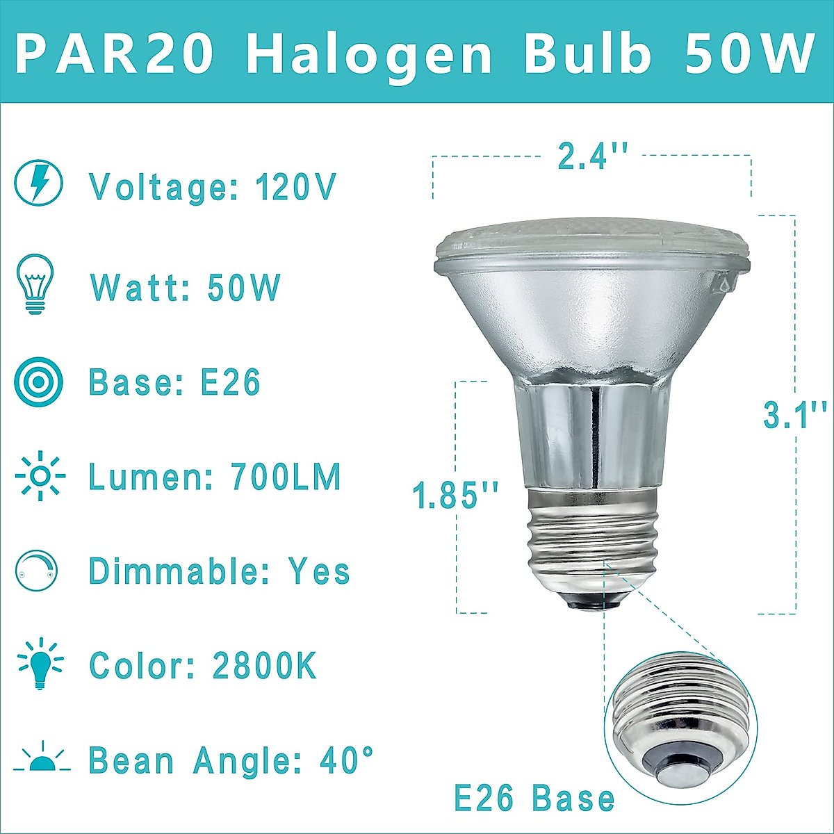 EKSAVE PAR20 Halogen Bulb 120V 50W Ecohalogen(70W Equivalent) with E26 Medium Base, High Output 700 Lumens Flood Bulbs Dimmable,2800K Warm White (2Pcs)
