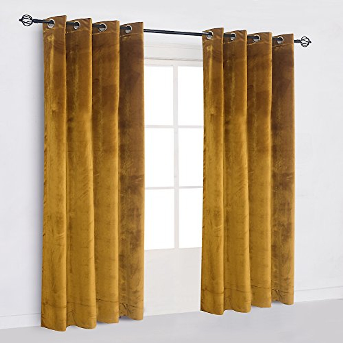 Cherry Home Super Soft Luxury Velvet Set of 2 Warm Yellow Blackout Velvet Energy Efficient Grommet Curtain Panel Drapes Ginger 52Wx63L(2 Panels) with Matching Tiebacks
