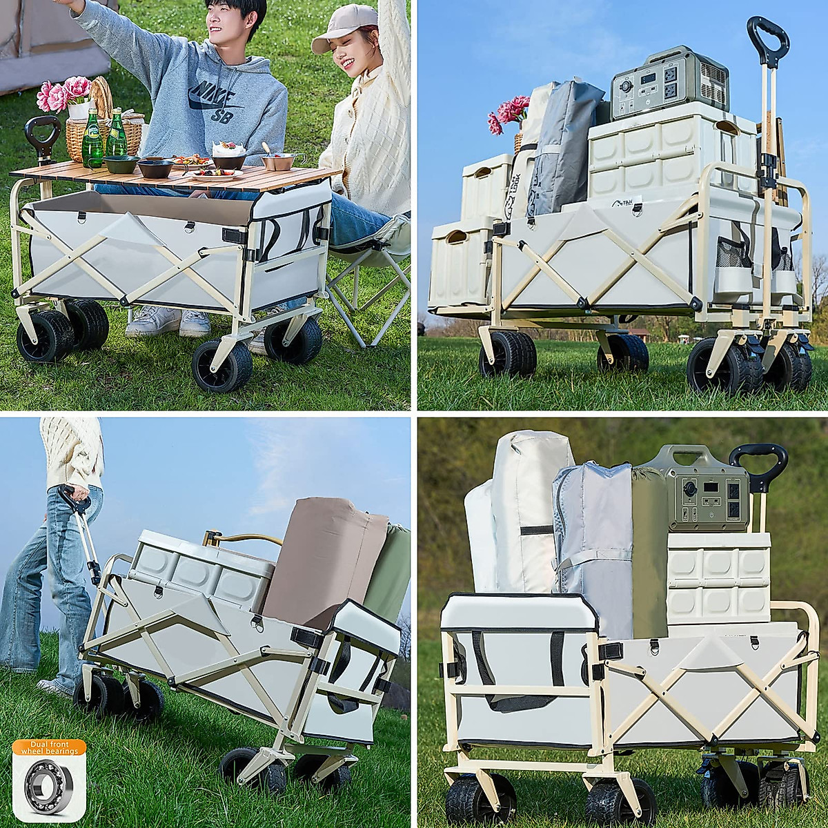 Back Open Folding Garden Utility Wagon with Table, Collapsible Outdoor Small Grocery Carts, 551Lbs Weight Capacity for Shopping & Storage, with 360 Degree Swivel Wheel,White