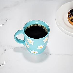 Eccolo Daisies Ceramic Coffee Mug, White and Blue Floral Handpainted Stoneware Tea Cup with Handles is Microwave, Dishwasher Safe, Medium Size Hot Drinking Cup - 16 Oz 473 ML
