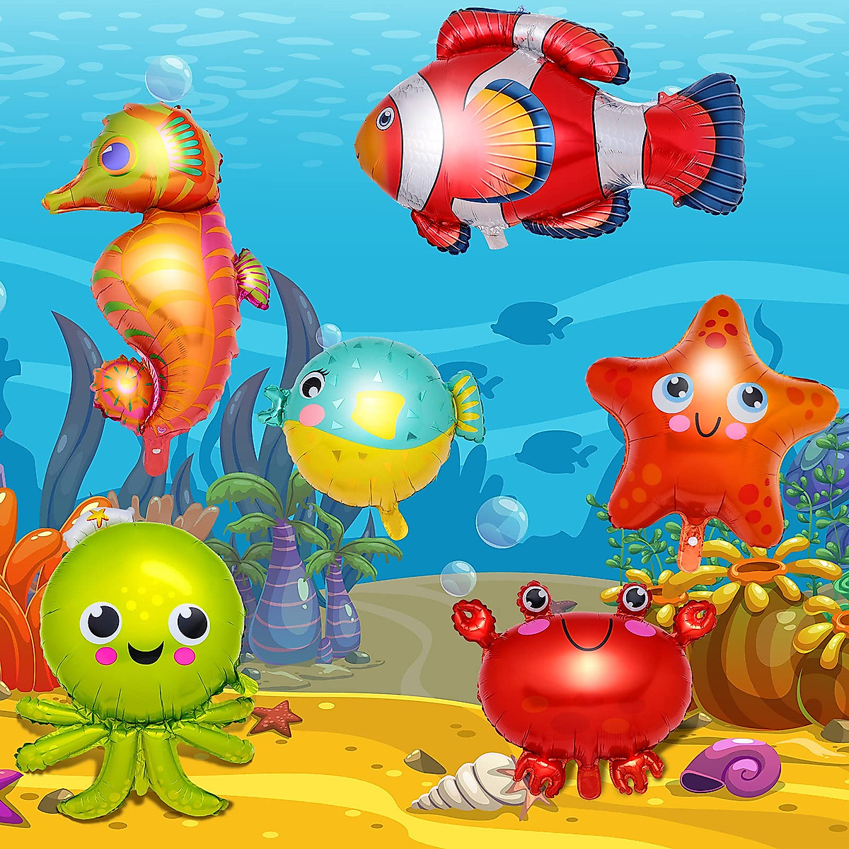 10 Pieces Sea Animals Balloons Ocean Foil Balloons Large Fish Balloons Cartoon Sea Creature Balloons for Boys Girls Under The Sea Themed Birthday Party Baby Shower Decorations, 10 Styles
