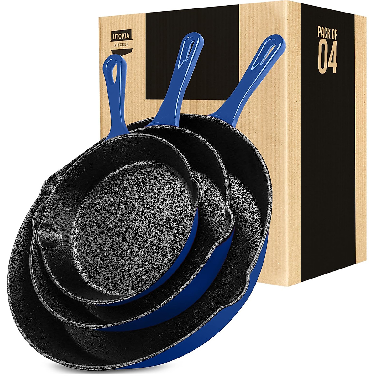 Utopia Kitchen Pre Seasoned Cast Iron Skillet 3 Piece, Cast Iron Grill Pan, Frying Pans, Saute Fry Pan, Cast Iron Set (Blue) - Pack of 4