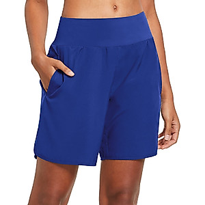 BALEAF Womens' 7 Inches Long Running Shorts Back Zipper Pocketed Athletic Gym Shorts with Liner Royal Blue Size L