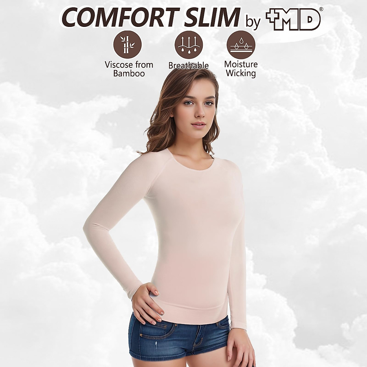 +MD Womens Long Sleeve Undershirts Tops, Round Neck Slim Fit Baselayer, Soft Thermal Underwear, Light Compression Shirt Underscrubs Nude Large