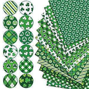 Whaline 12Pcs St. Patrick's Day Cotton Fabric Bundles Green Shamrock Plaid Fat Quarters Lucky Clover Quilting Patchwork for Irish Holiday DIY Sewing Craft Decor, 18 x 22 Inch