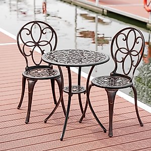 PATIO-IN 3 Piece Outdoor Bistro Set, Cast Aluminum Bistro Table and Chairs Set, Weather Resistant Patio Metal Bistro Sets, Patio Table Set with 1.97" Umbrella Hole for Balcony Backyard Garden