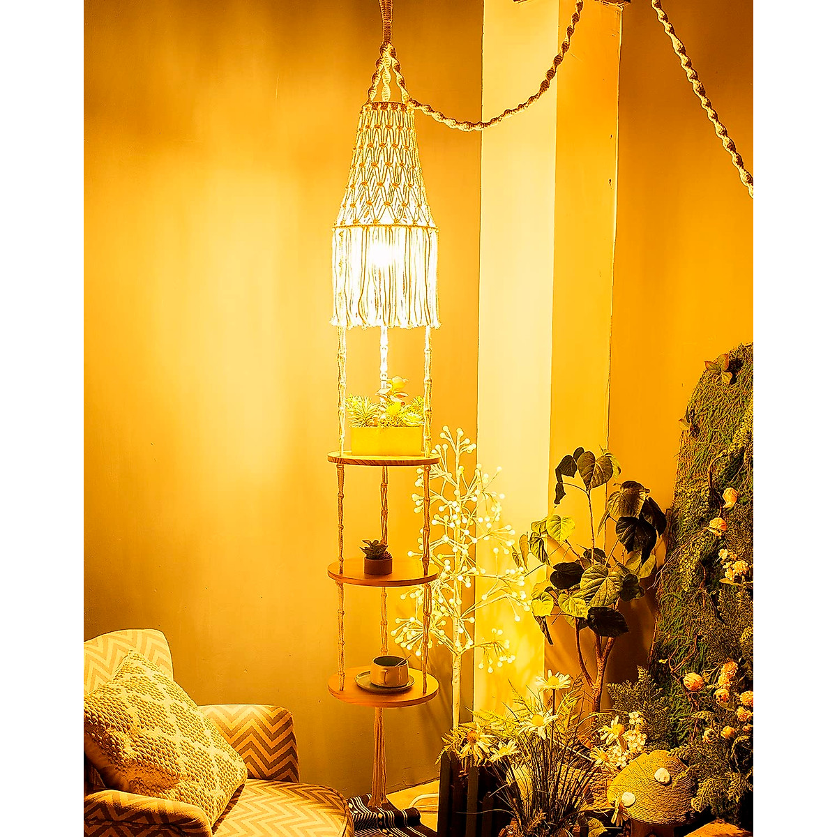 Macrame Lamp Shade and Hanging Plant Holder Shelf Indoor for Boho Bedroom Decor Plug in Pendant Light Hanging Light with Plug in Cord and Switch for Bohemian Office Corner Reading Light (Cream)