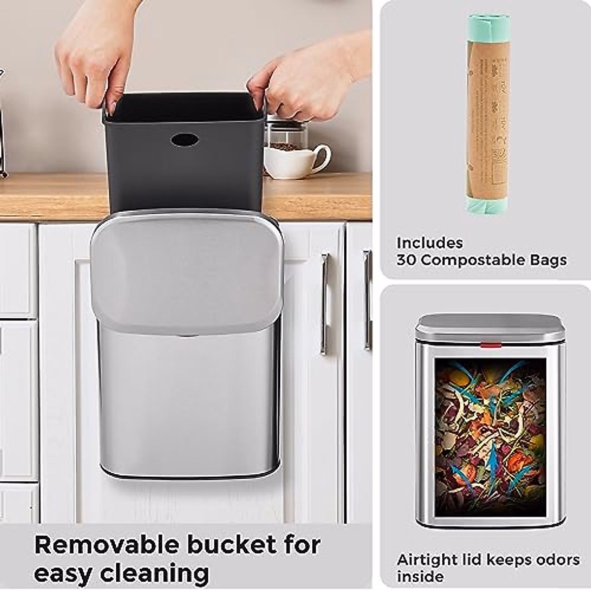 Nunsino Hanging Kitchen Compost Bin 8 Liter / 2.1 Gallon Includes 30 Compostable Bags, Trash Can with Removable Inner Bucket, Stainless Steel, Airtight Lid, Silver